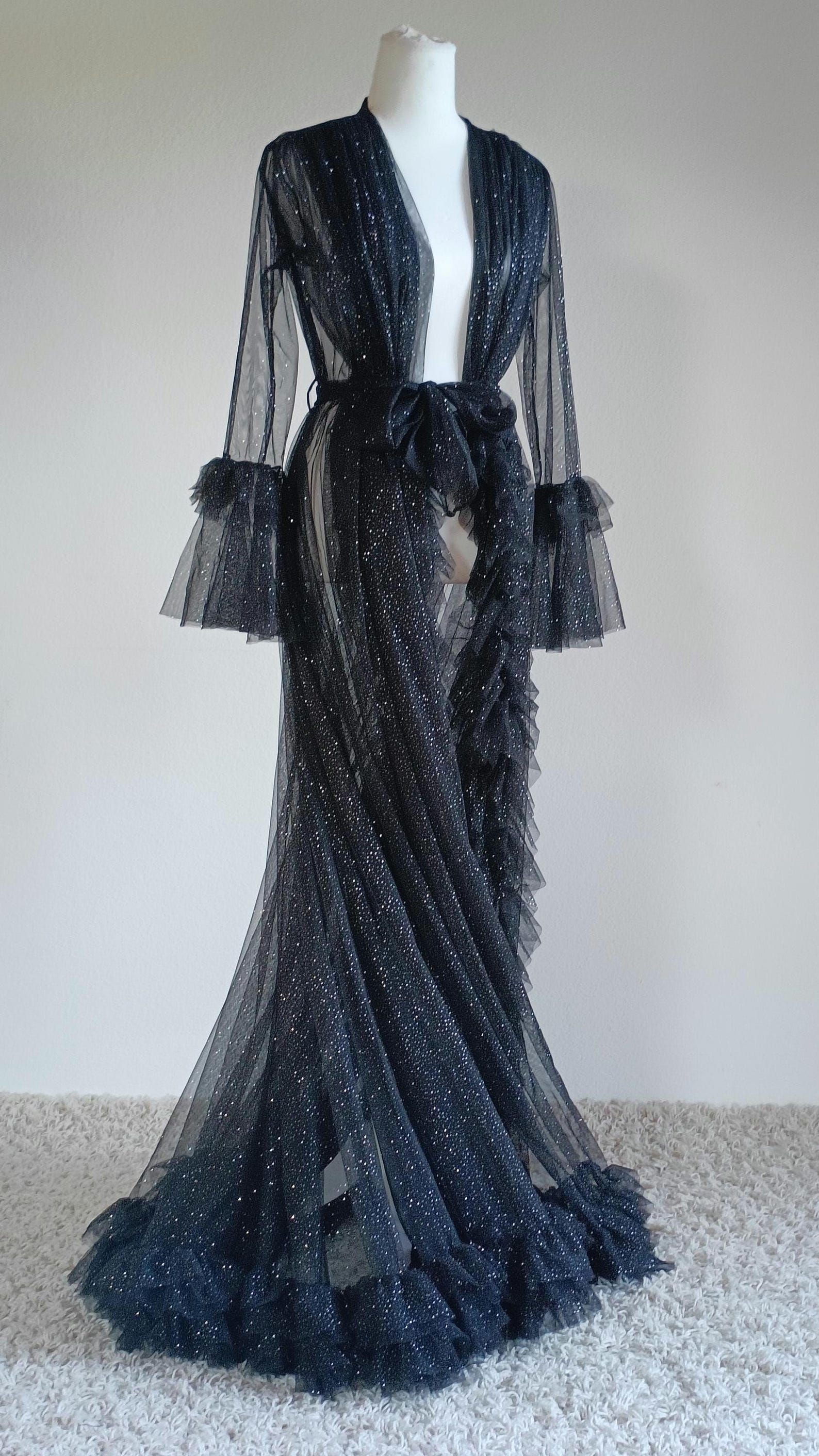 Black Sheer Tulle Robe With Sparkle – Long Luxury Dressing Gown, Bridal ...