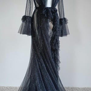 Black Sheer Tulle Robe With Sparkle – Long Luxury Dressing Gown, Bridal ...