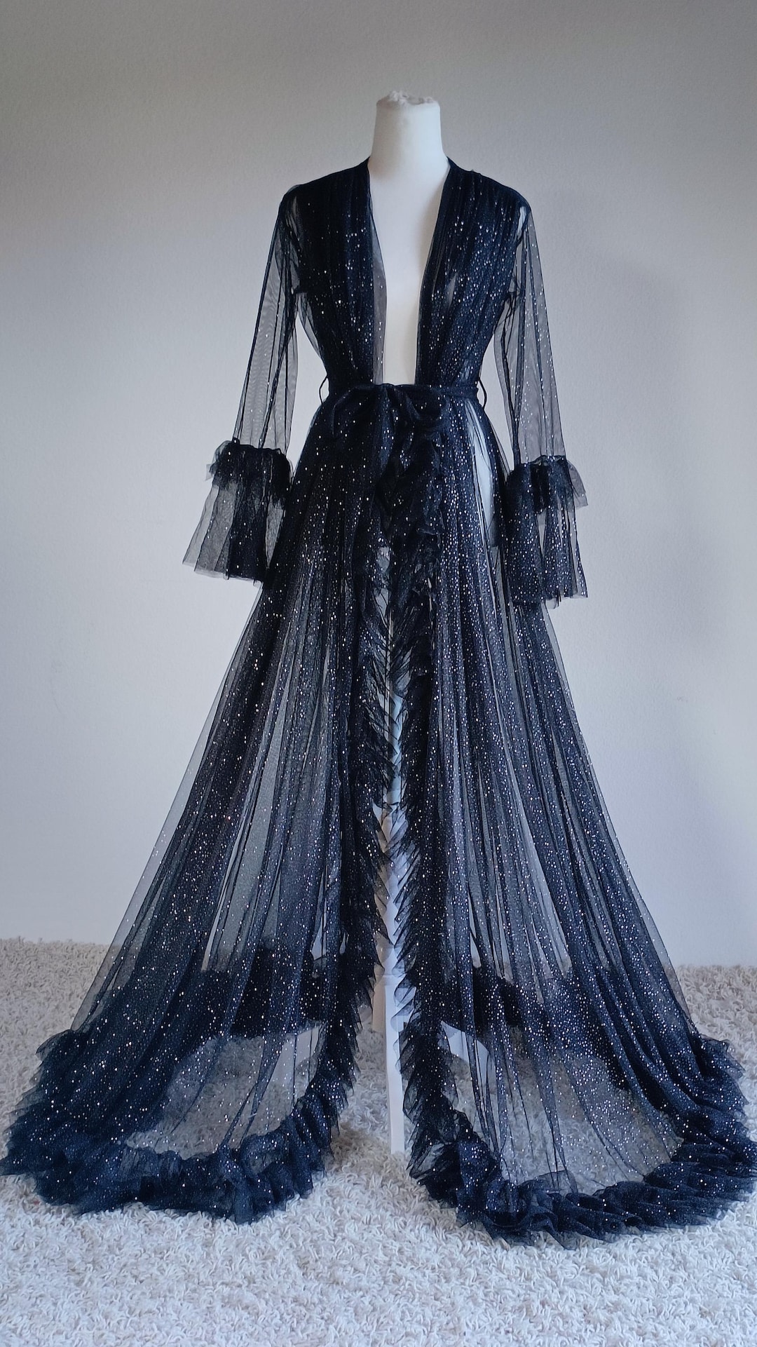 Black Sheer Tulle Robe With Sparkle – Long Luxury Dressing Gown, Bridal ...