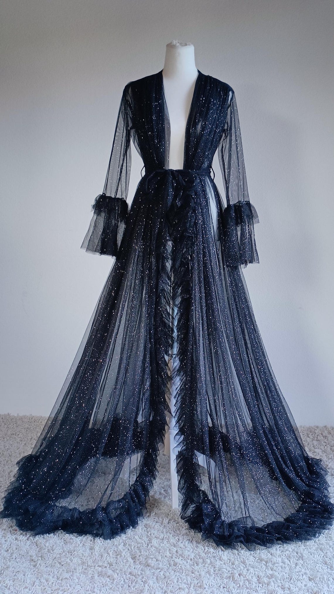 Black Sheer Tulle Robe With Sparkle – Long Luxury Dressing Gown, Bridal ...