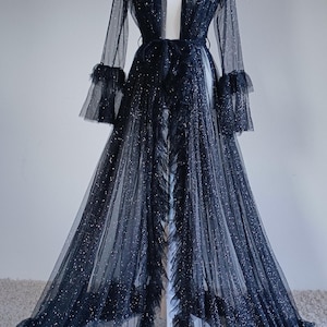 Black Sheer Tulle Robe With Sparkle – Long Luxury Dressing Gown, Bridal ...