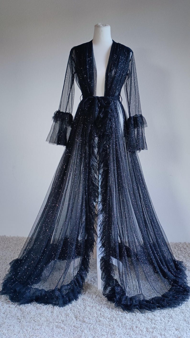 Black Sheer Tulle Robe With Sparkle – Long Luxury Dressing Gown, Bridal ...