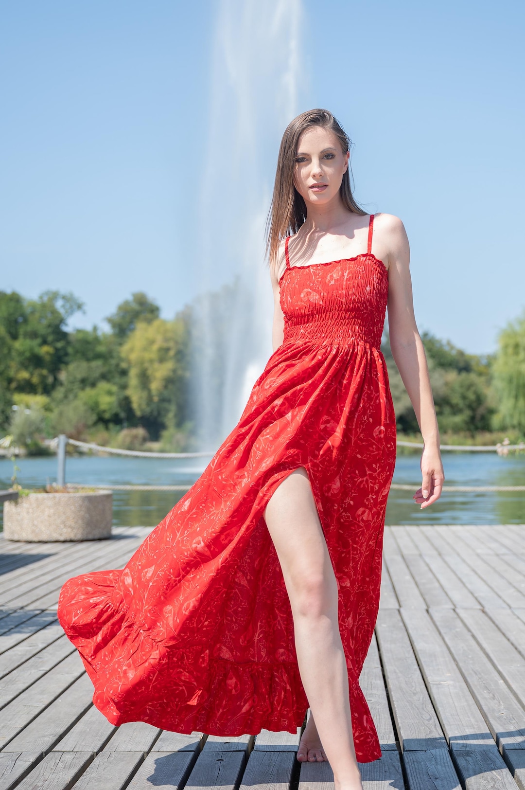 Red Batik Maxi Dress – Smocked Bodice, Adjustable Straps, Side Slit ...