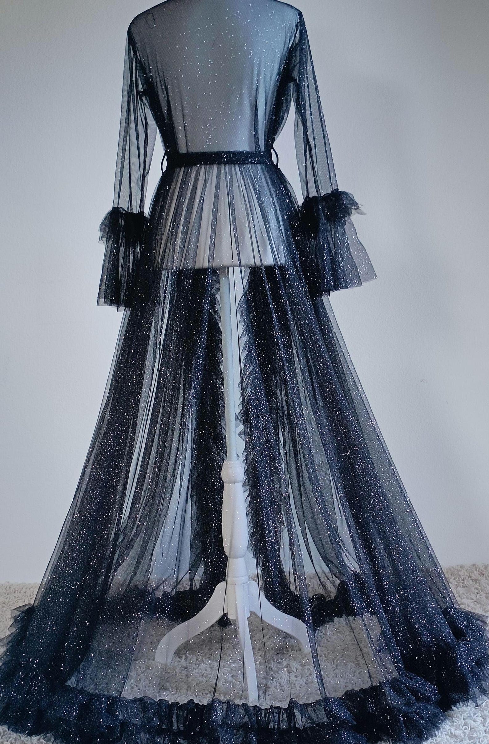 Black Sheer Tulle Robe With Sparkle – Long Luxury Dressing Gown, Bridal ...