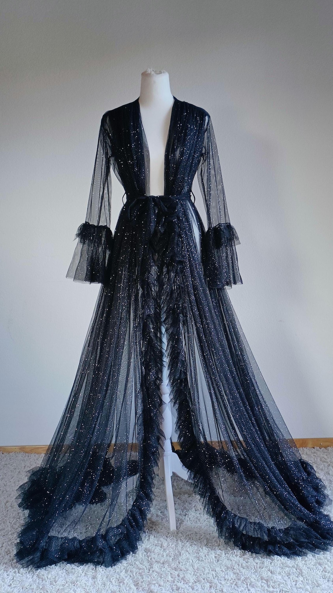 Black Sheer Tulle Robe With Sparkle – Long Luxury Dressing Gown, Bridal ...