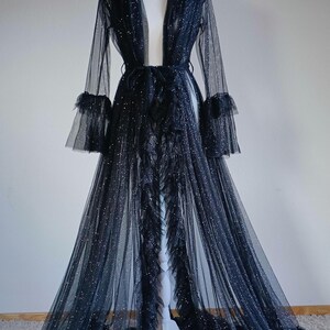 Black Sheer Tulle Robe With Sparkle – Long Luxury Dressing Gown, Bridal ...