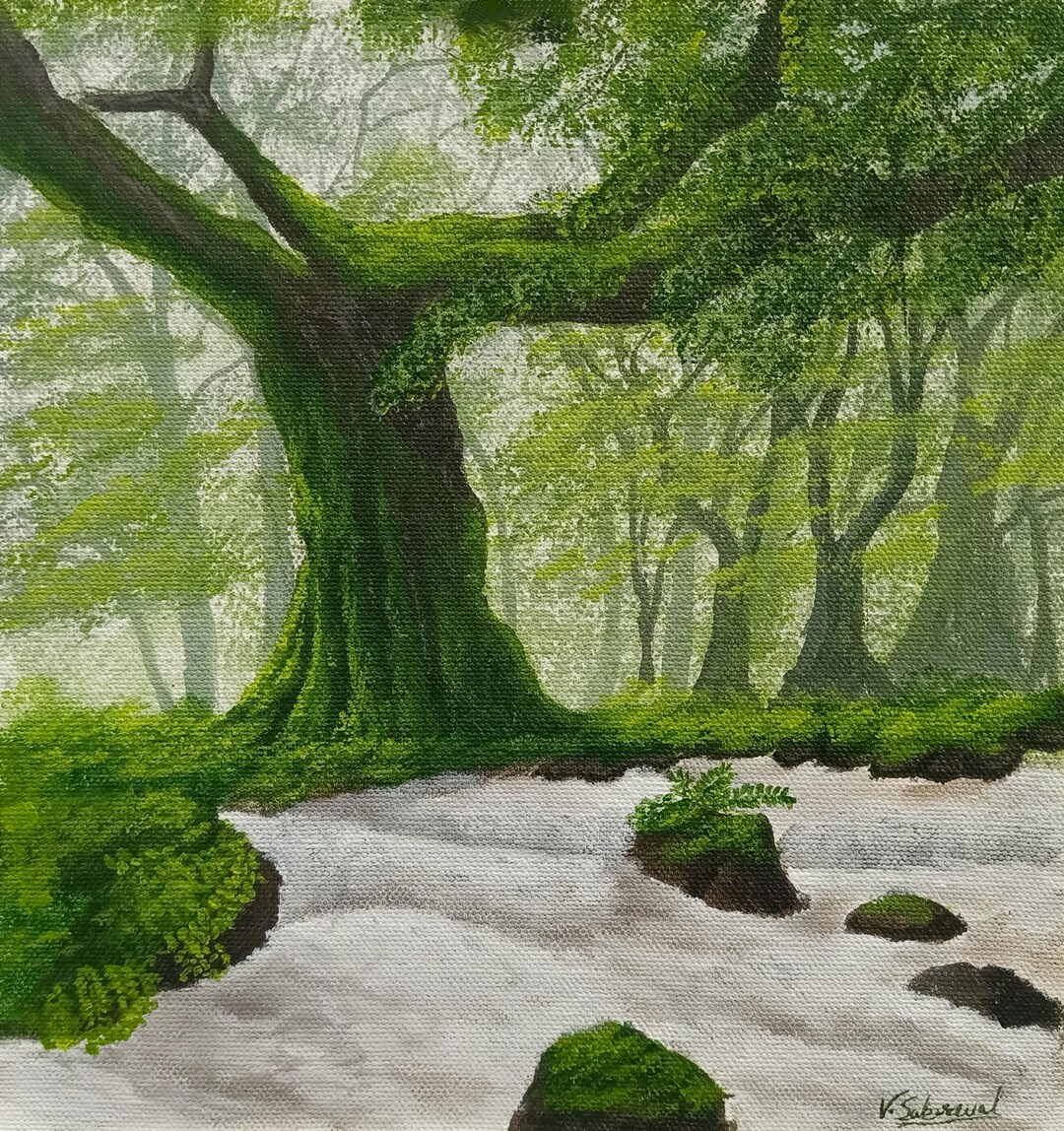 Flowing River in Green Forest Landscape Handmade Acrylic Painting ...