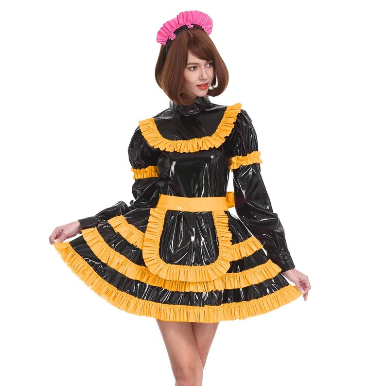 Lockable Maid Outfit, Glossy PVC Leather, High-necked Ruffled Apron ...