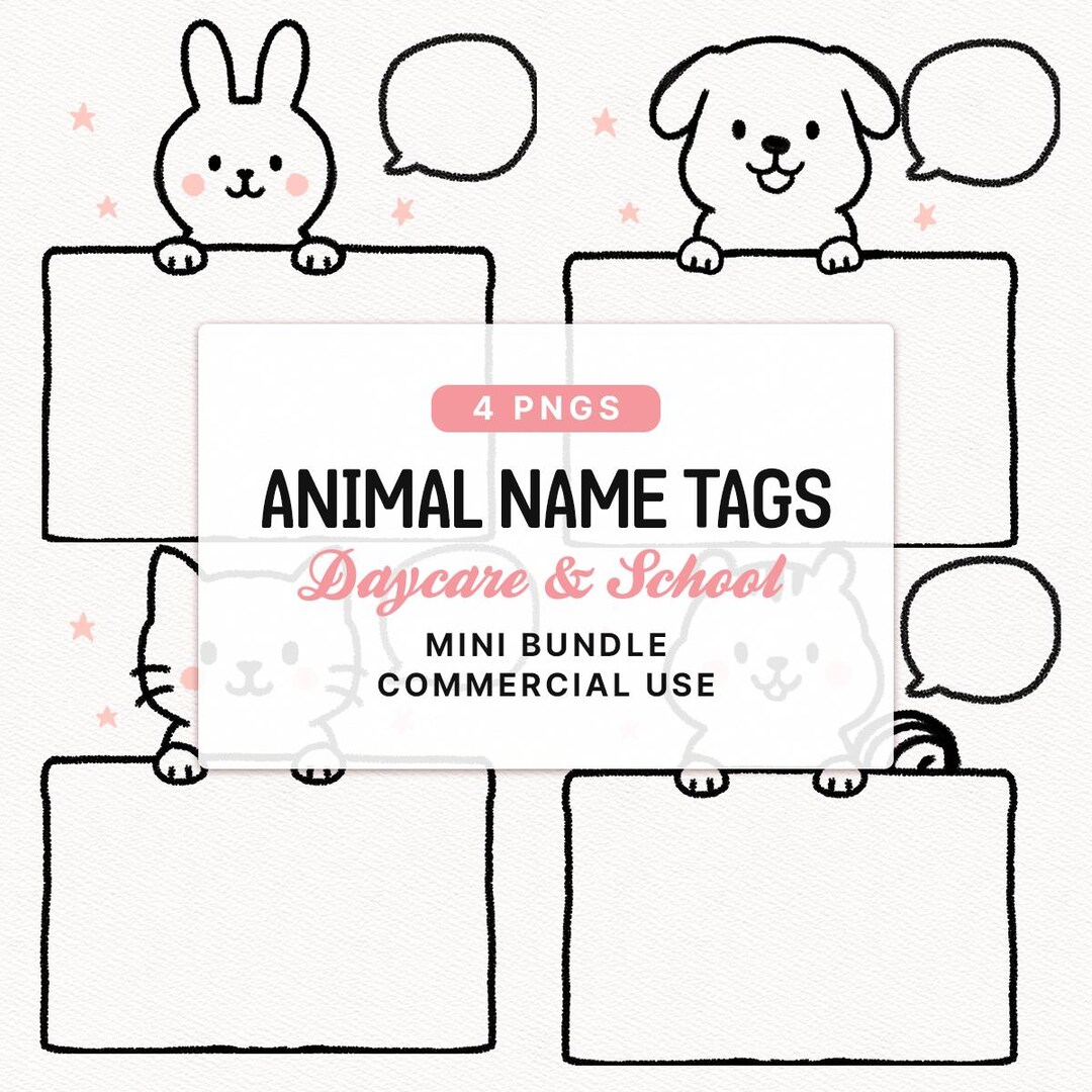 Daycare & School Name Tag Bundle – 4 PNG Animal Labels (commercial Use ...