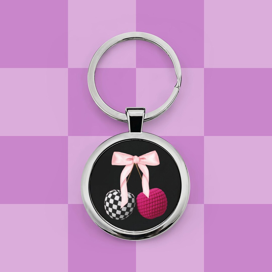 Checkerboard Cherries Round Stainless Steel Keychain | Pink Bow Charm ...