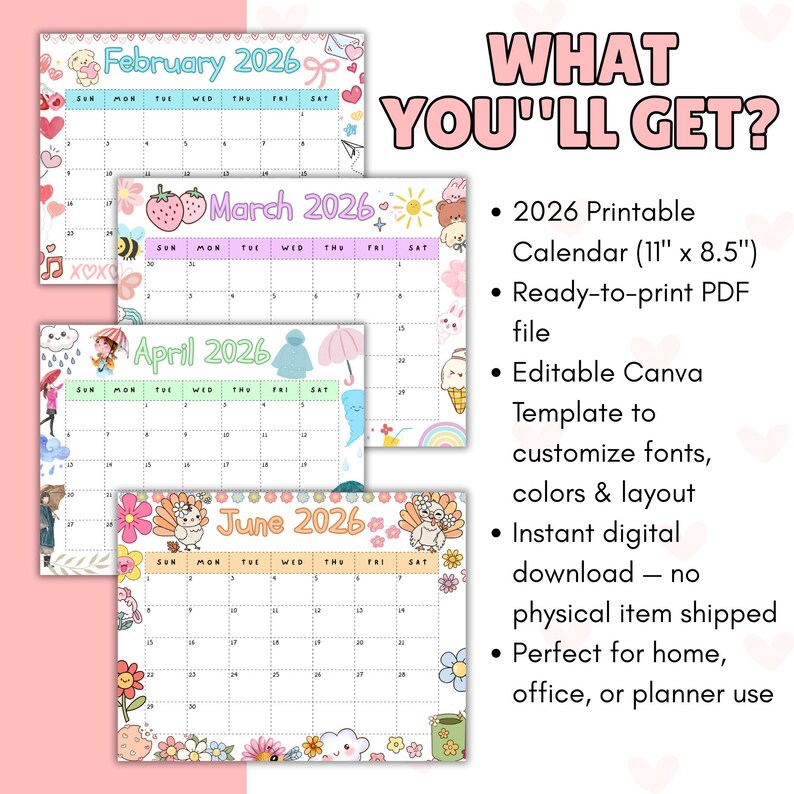 2026 Printable Calendar, Pastel Monthly Planner, Canva Editable ...