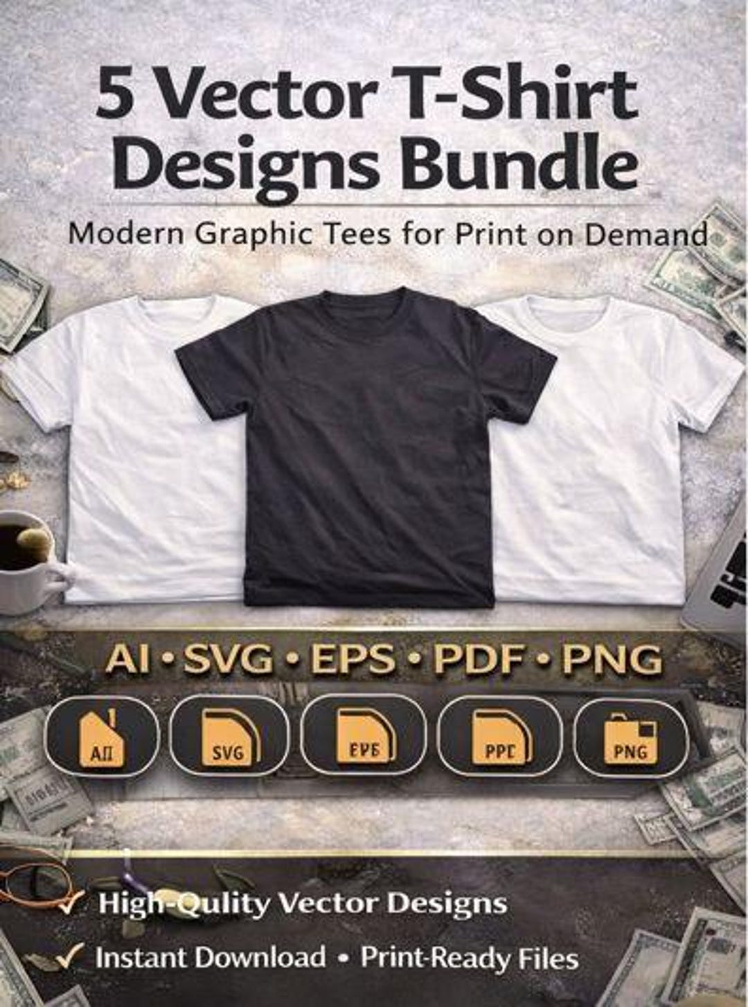 5 Vector T-shirt Designs Bundle | Modern Graphic Tees for Print on ...