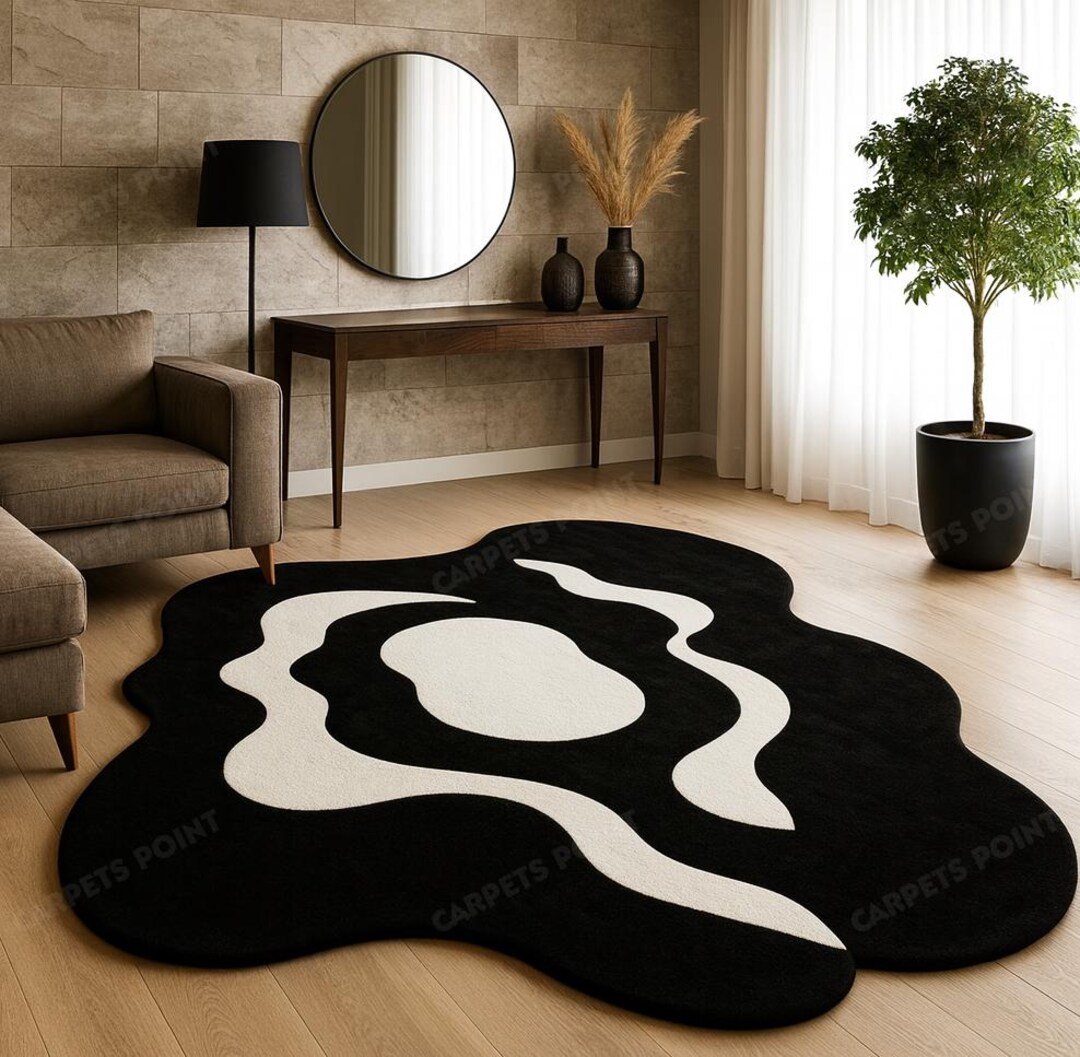 Modern Irregular Shape Black & White Area Rug | Abstract Wavy Designer ...