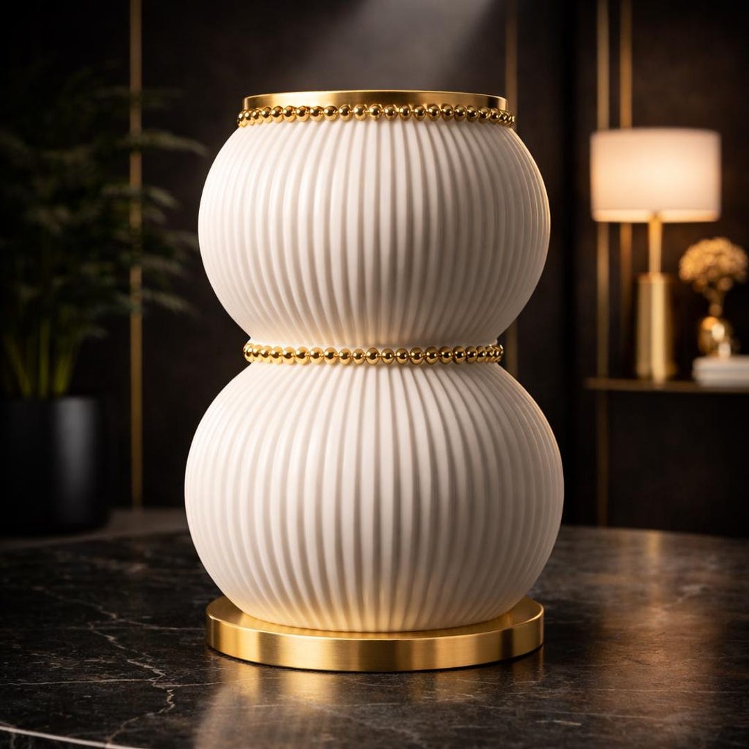 Luxury Double Sphere Ribbed Vase STL File, Gold Beaded Accent 3D ...