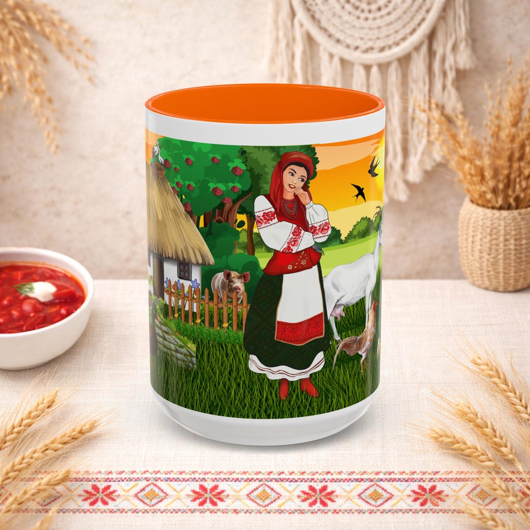 Ukrainian Folk Art Mug, Traditional Village Scene Coffee Cup, Slavic ...