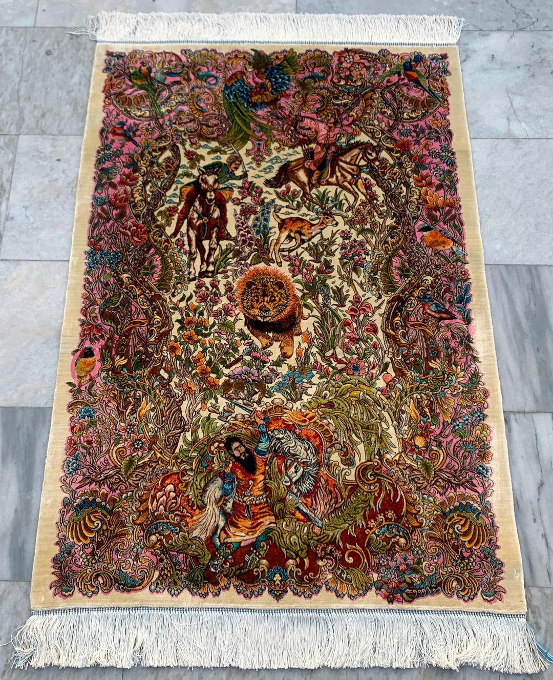 3x4 Authentic Silk Rug Hunting Pictorial Home Decor Carpet 117x81 Cm - Etsy