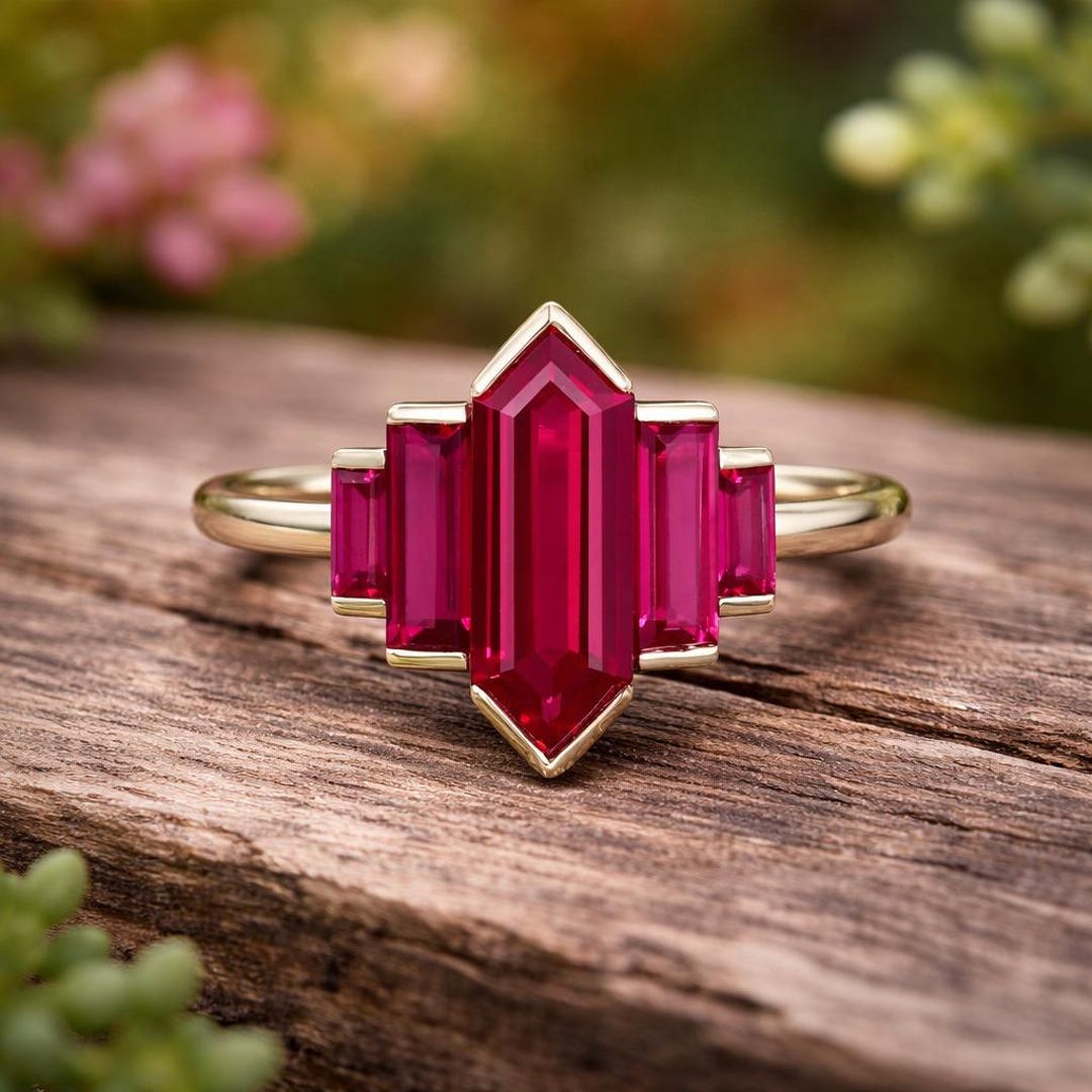 Pink Ruby Hexagon Engagement Ring Gold Art Deco Step Cut Ruby Ring Bold ...