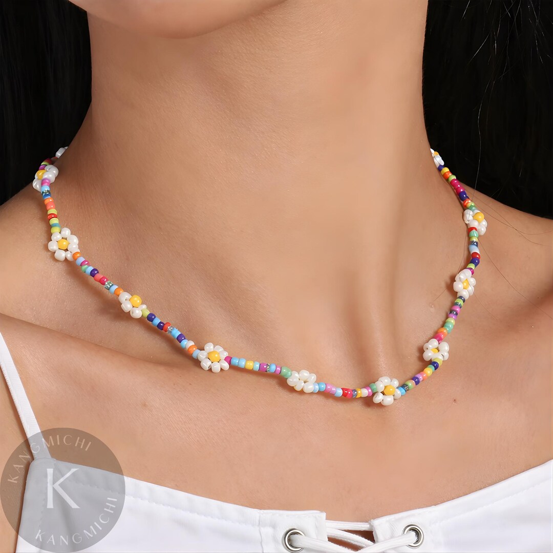 Colorful Daisy Beaded Necklace, Boho Flower Choker, Cute Seed Bead ...