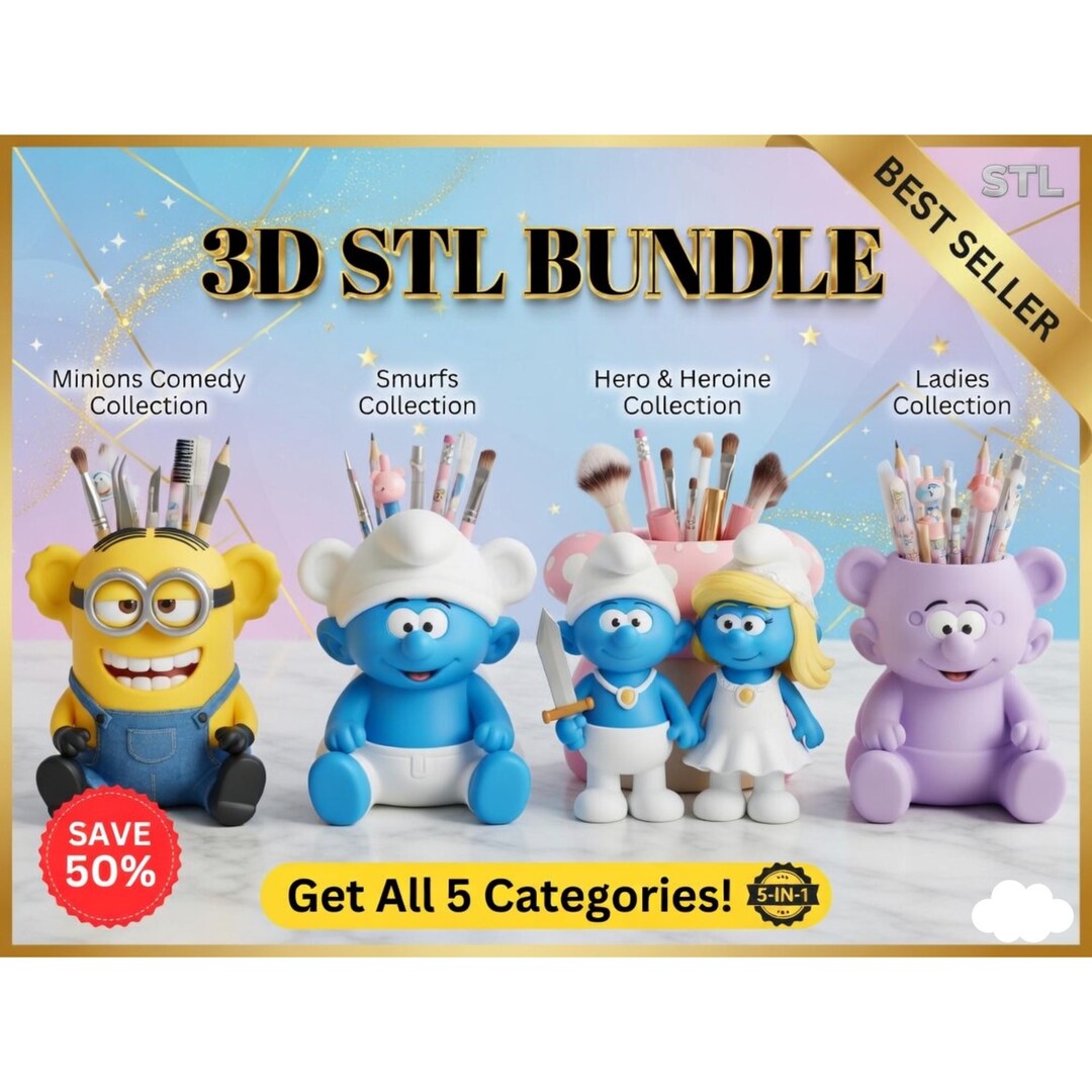 3D STL Desk Organizer Bundle – Minions, Smurfs, Heroine Collections ...