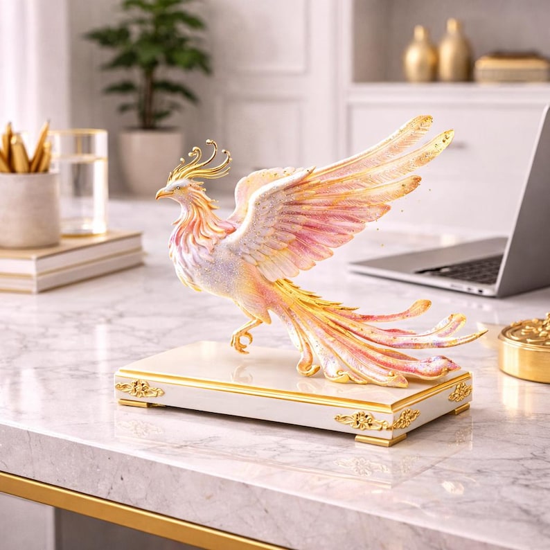 White Gold Phoenix Statue – Flying Mythical Art, Luxury Decor (digital ...