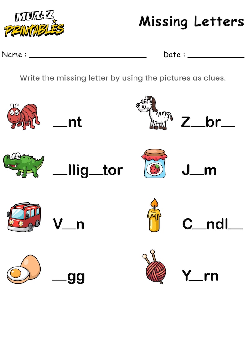 Kids Missing Letters Worksheet | Alphabet Fill-in-the-blanks ...