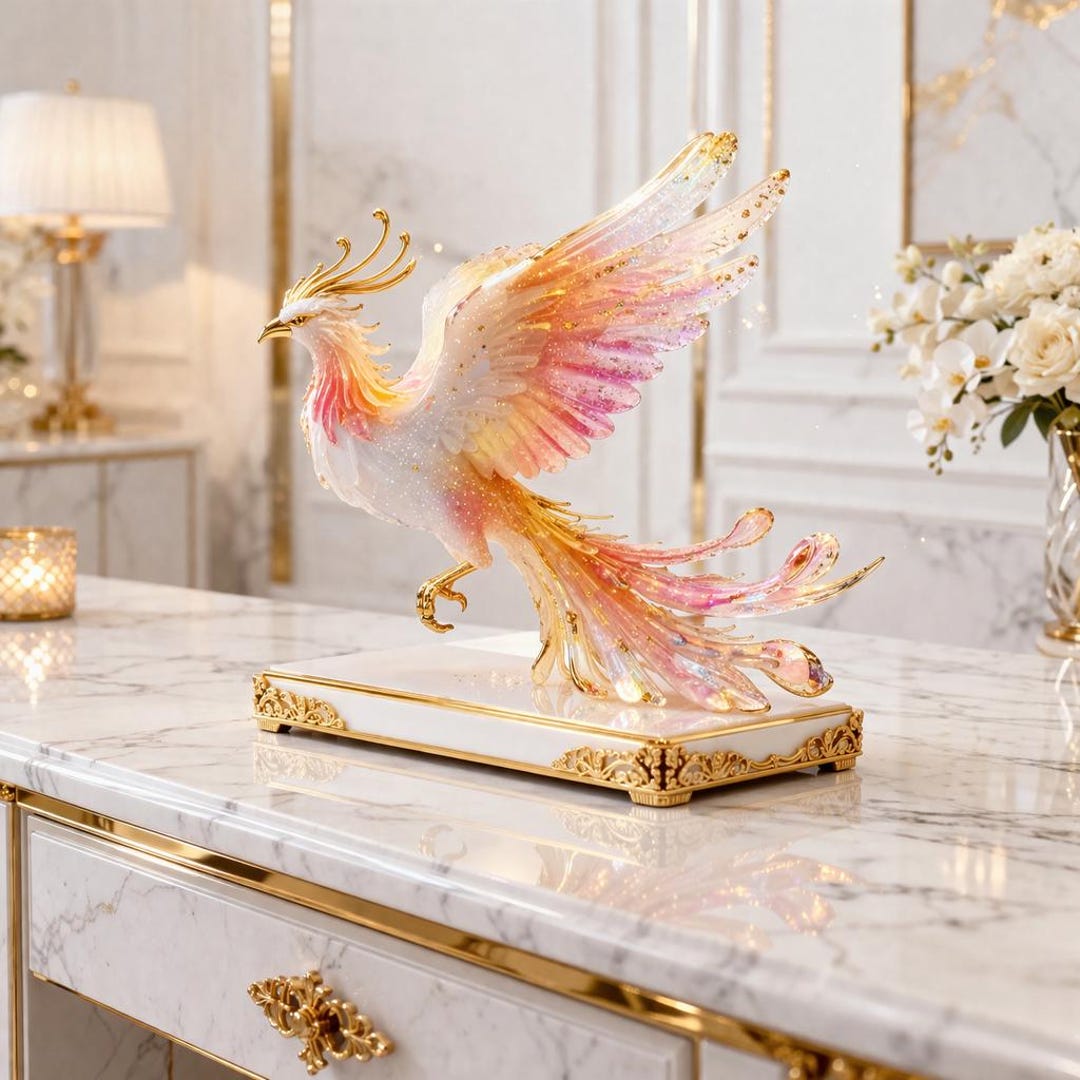 White Gold Phoenix Statue – Flying Mythical Art, Luxury Decor (digital ...
