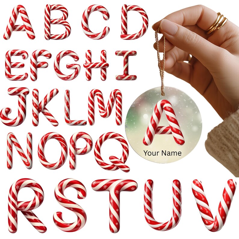 Candy Cane Christmas Alphabet Ornament PNG Bundle, Christmas Letter ...