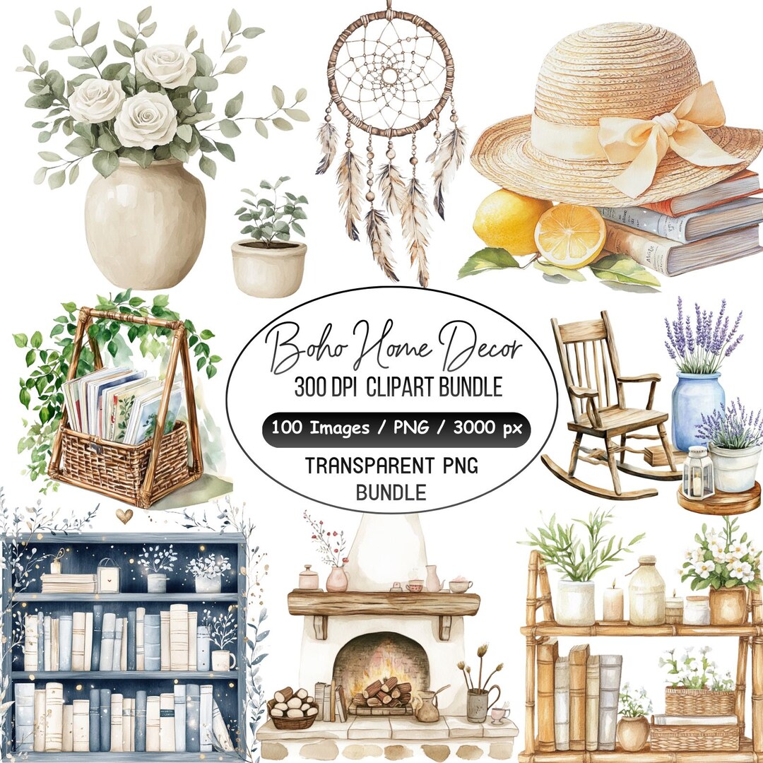 100 Boho Home Decor Clipart Bundle, Modern Bohemian Bundle, Homes Png ...