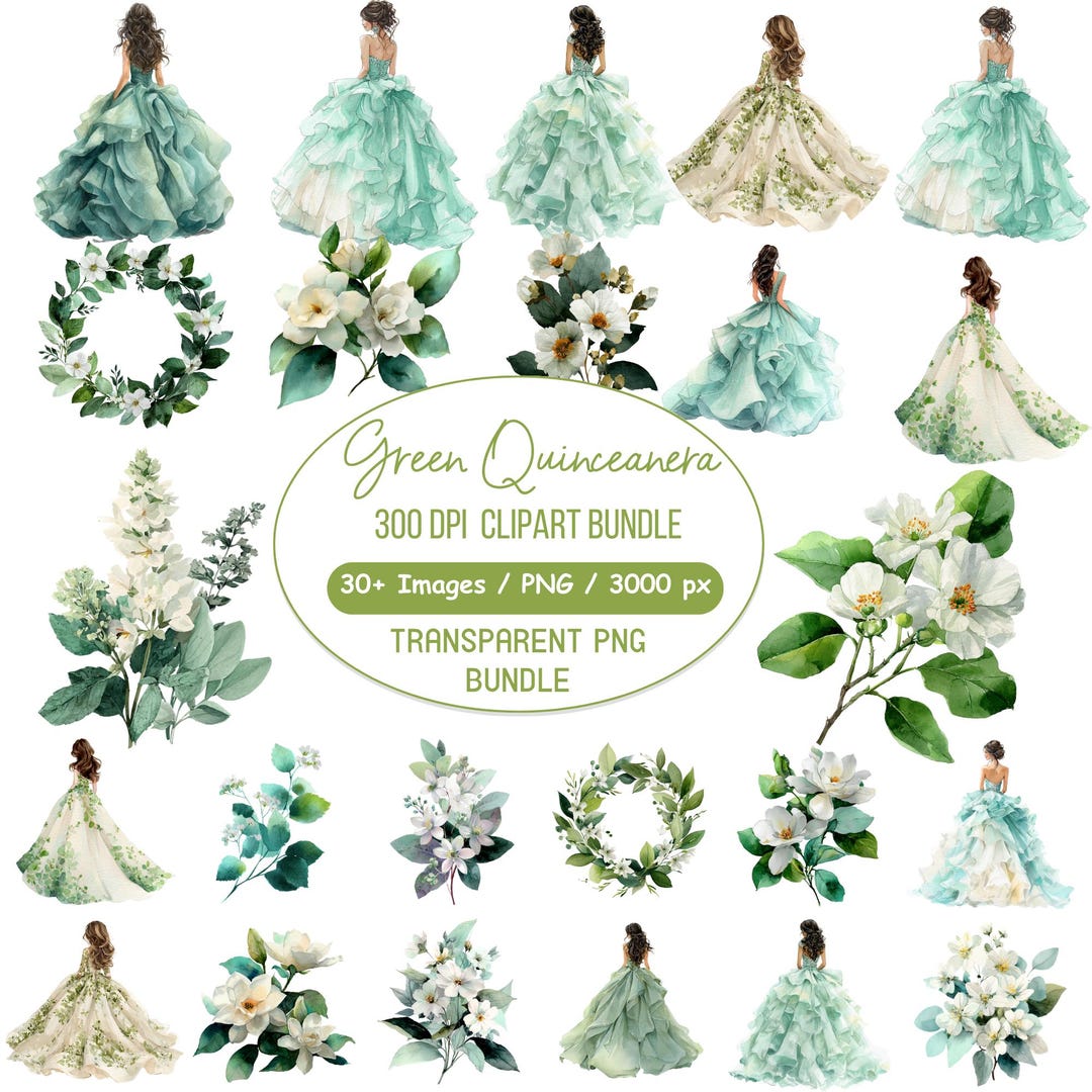 Green Quinceanera Princess Clipart Bundle, Watercolor Green Ball Gown ...