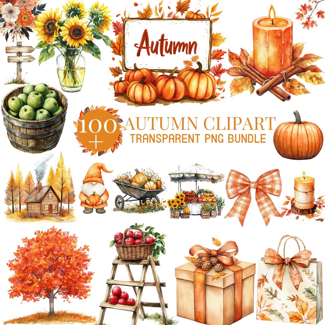100+ Autumn Clipart Bundle, Watercolor Cozy Fall PNG, Cottage Core Fall ...