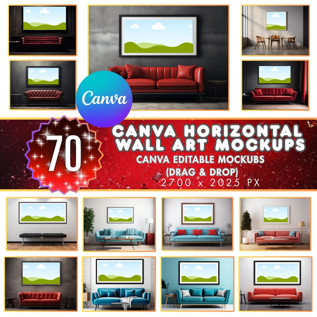 70 Canva Horizontal Wall Art Mockups Bundle, Editable Living Room Frame ...