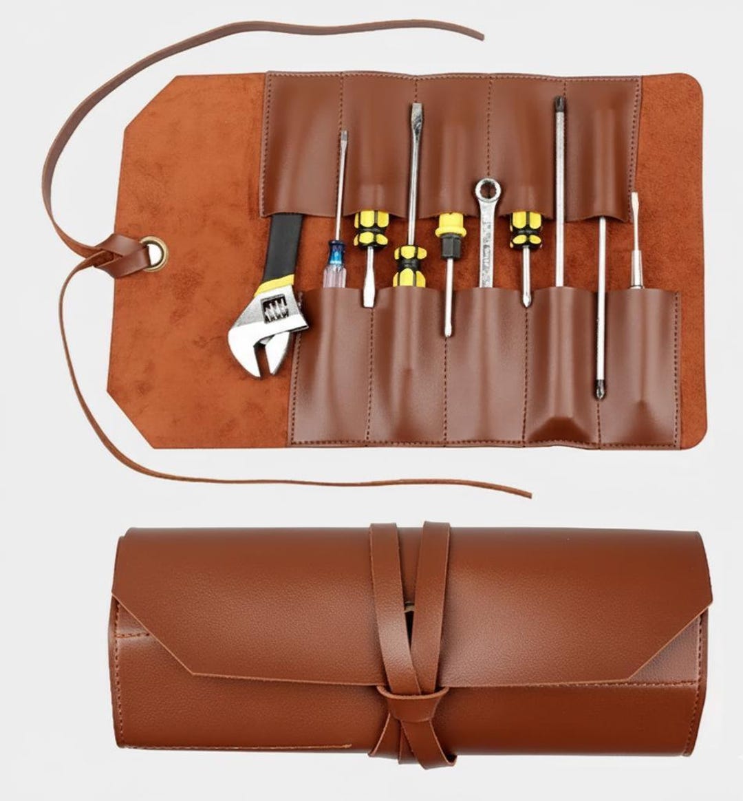 Brown Leather Tool Roll-up Pouch – Handmade Storage Wrap for Tools ...
