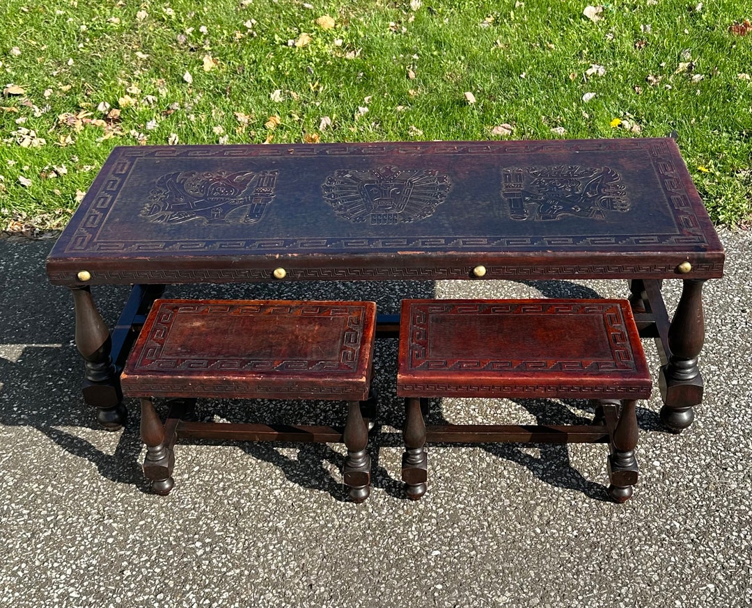 Vintage Peruvian Tooled Leather Table and Stools - Etsy