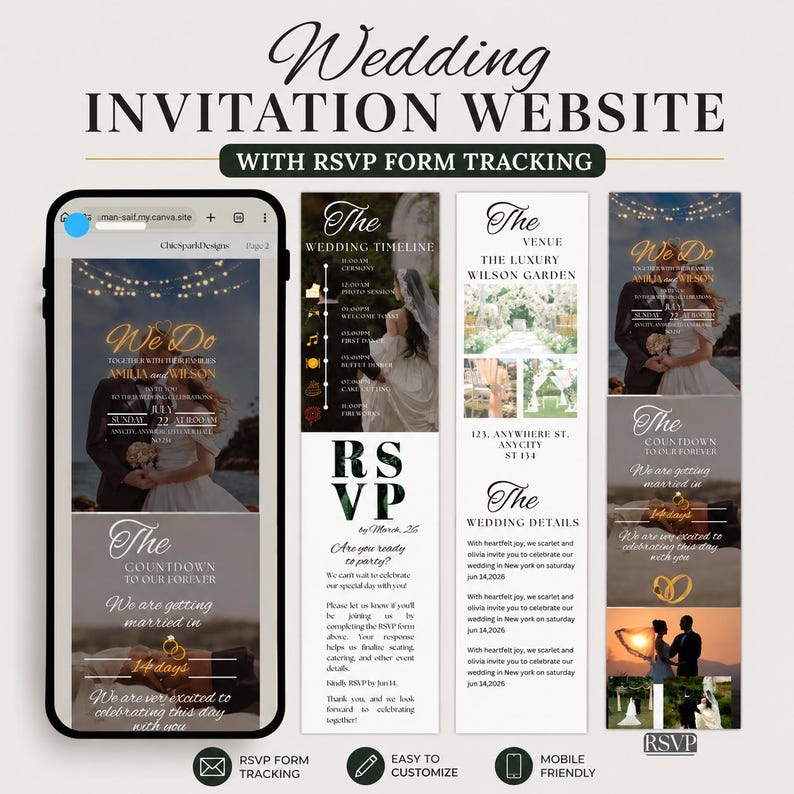 Wedding Invitation Website Template Canva Editable | RSVP Tracking Form ...