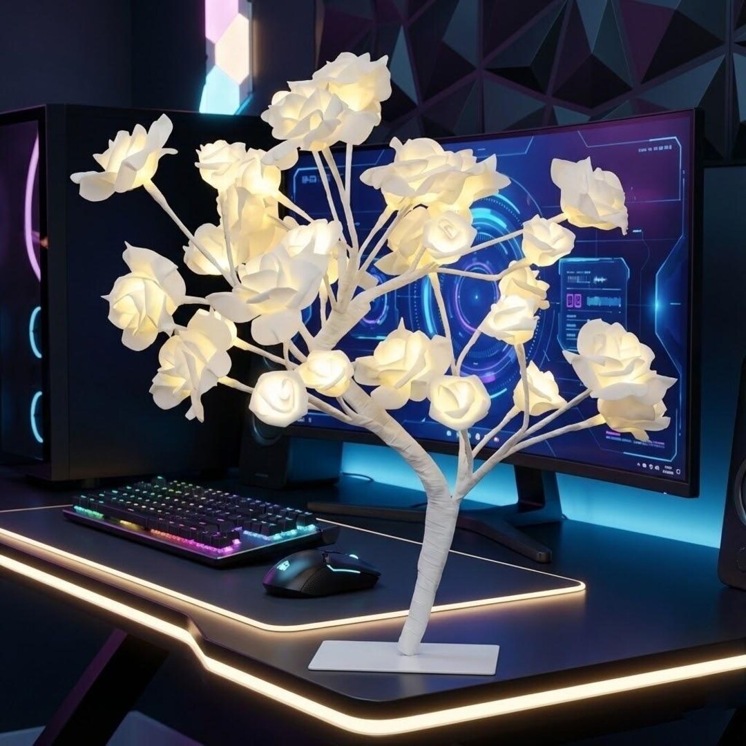 USB LED Rose Tree Lamp – Warm White Night Light for Bedroom Desk Home ...