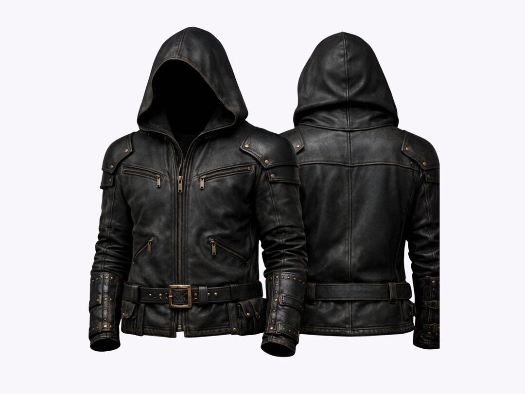 Men’s Leather Hooded Jacket - Black Medieval Assassin Biker Style ...