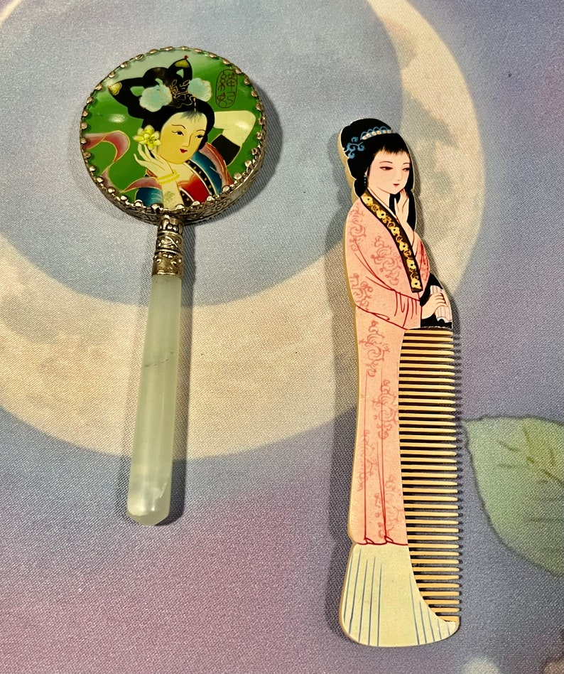 Vintage Hand Carved Wooden Geisha Comb and Jade Handled Vanity Mirror ...