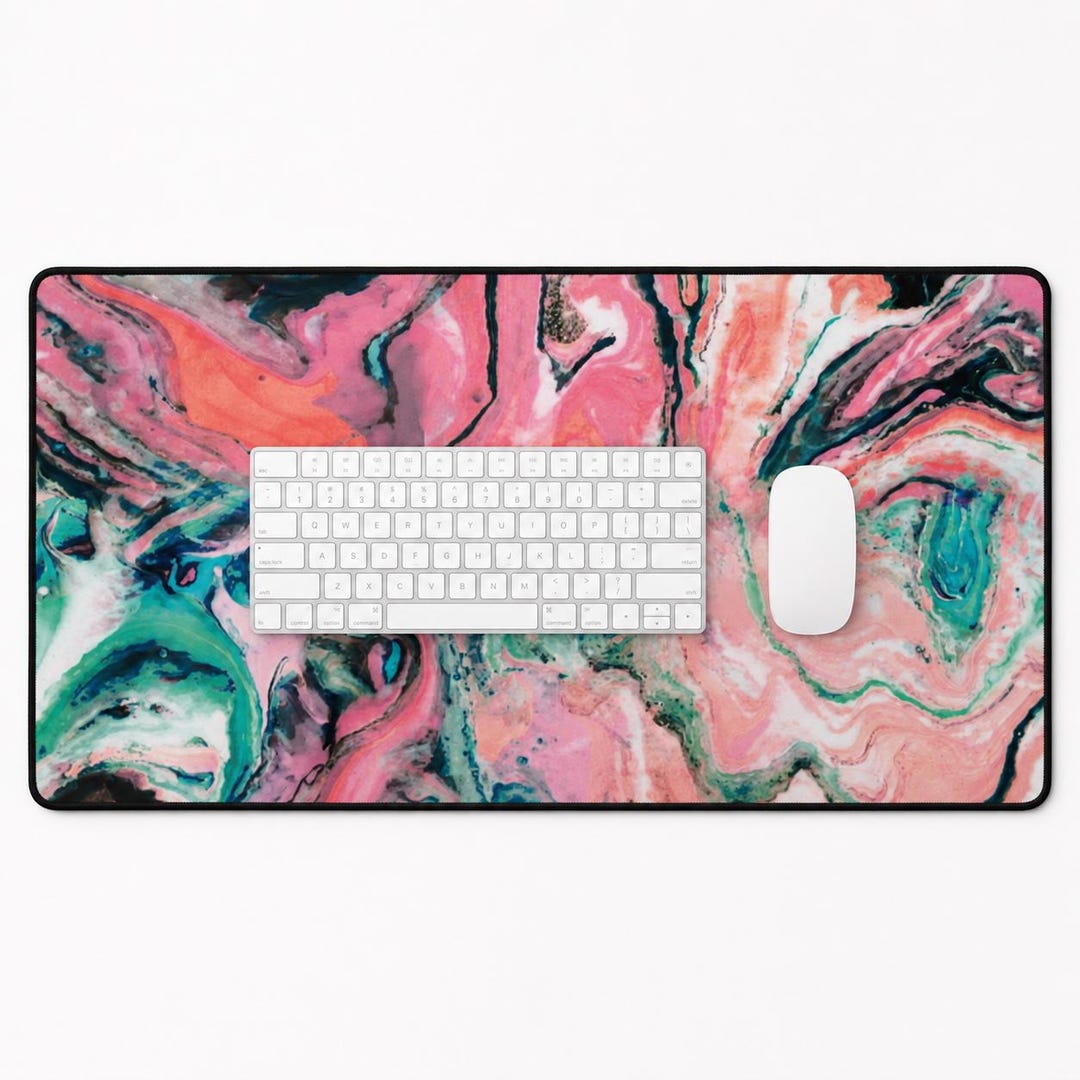 Marble Desk Mat, Pink Teal Fluid Art Mouse Pad, Aesthetic Workspace ...