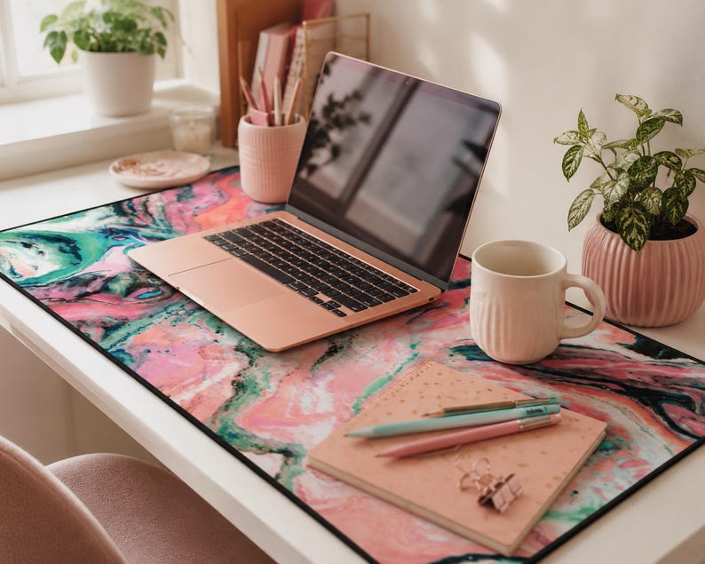 Marble Desk Mat, Pink Teal Fluid Art Mouse Pad, Aesthetic Workspace ...
