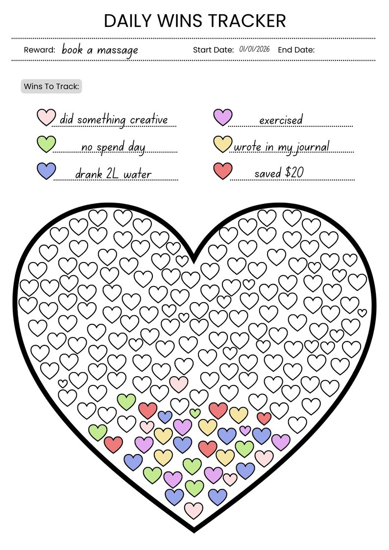 Daily Wins Tracker | Motivation, Color In, Hearts | Printable PDF A4 ...