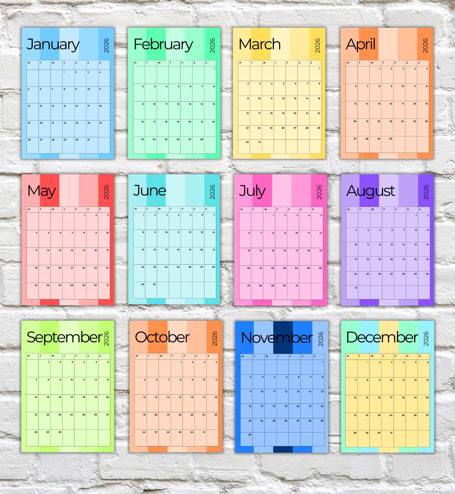 2026 Bright Colored Individual Months Wall Calendar | Colorful Stripes ...