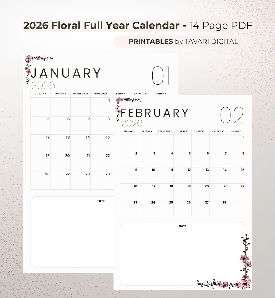 2026 Full Year Floral Calendar Printable | 12-month Planner + To-do ...