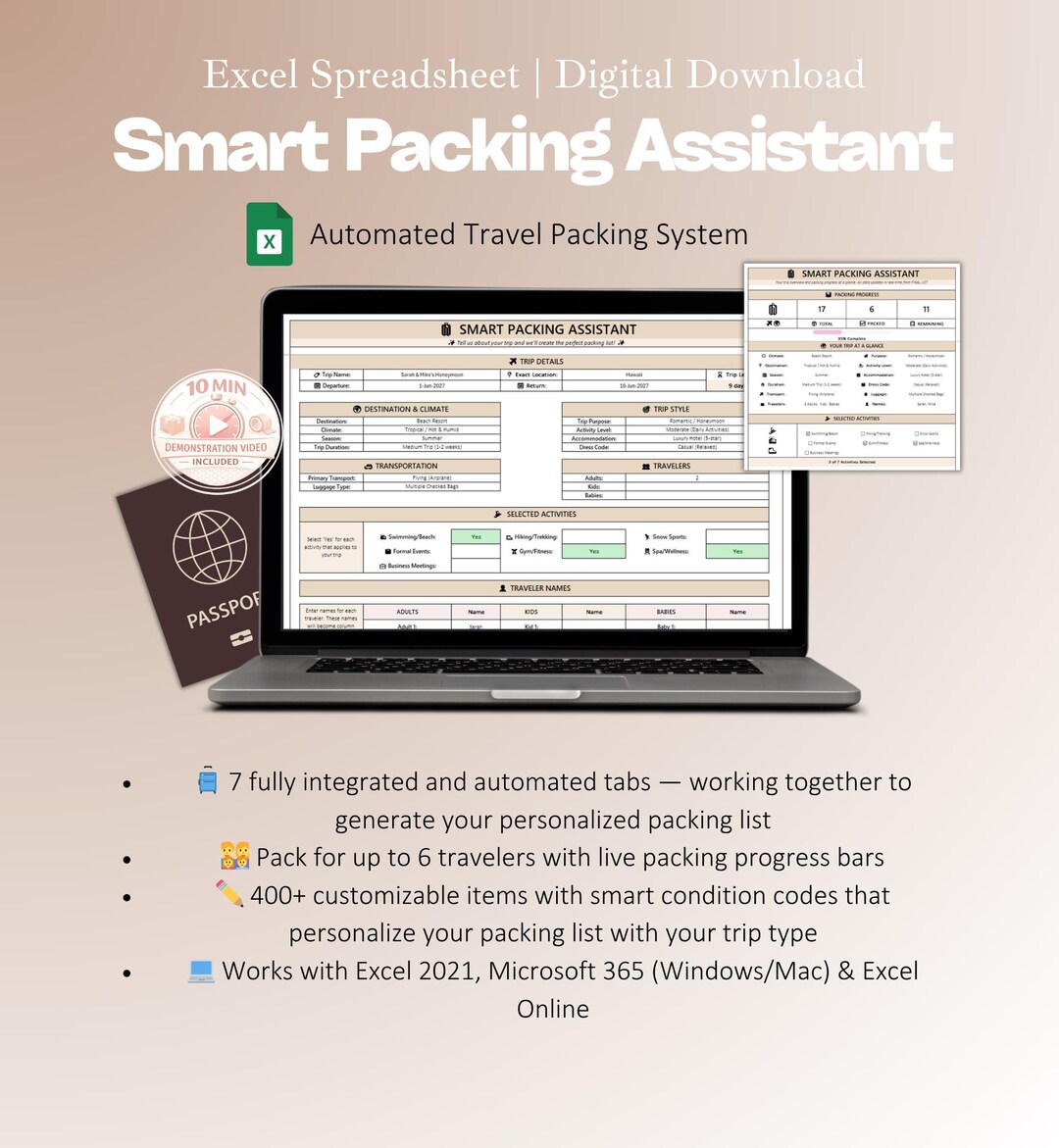 Smart Travel Packing List Excel Tool | Fully Automated & Customizable ...