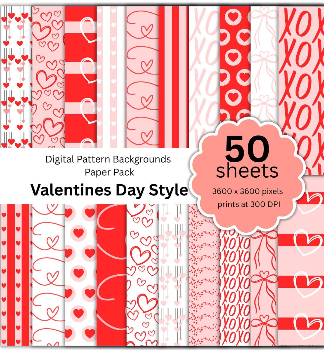 Valentines Day Digital Paper Pack | 50 Scrapbook Backgrounds | Heart ...