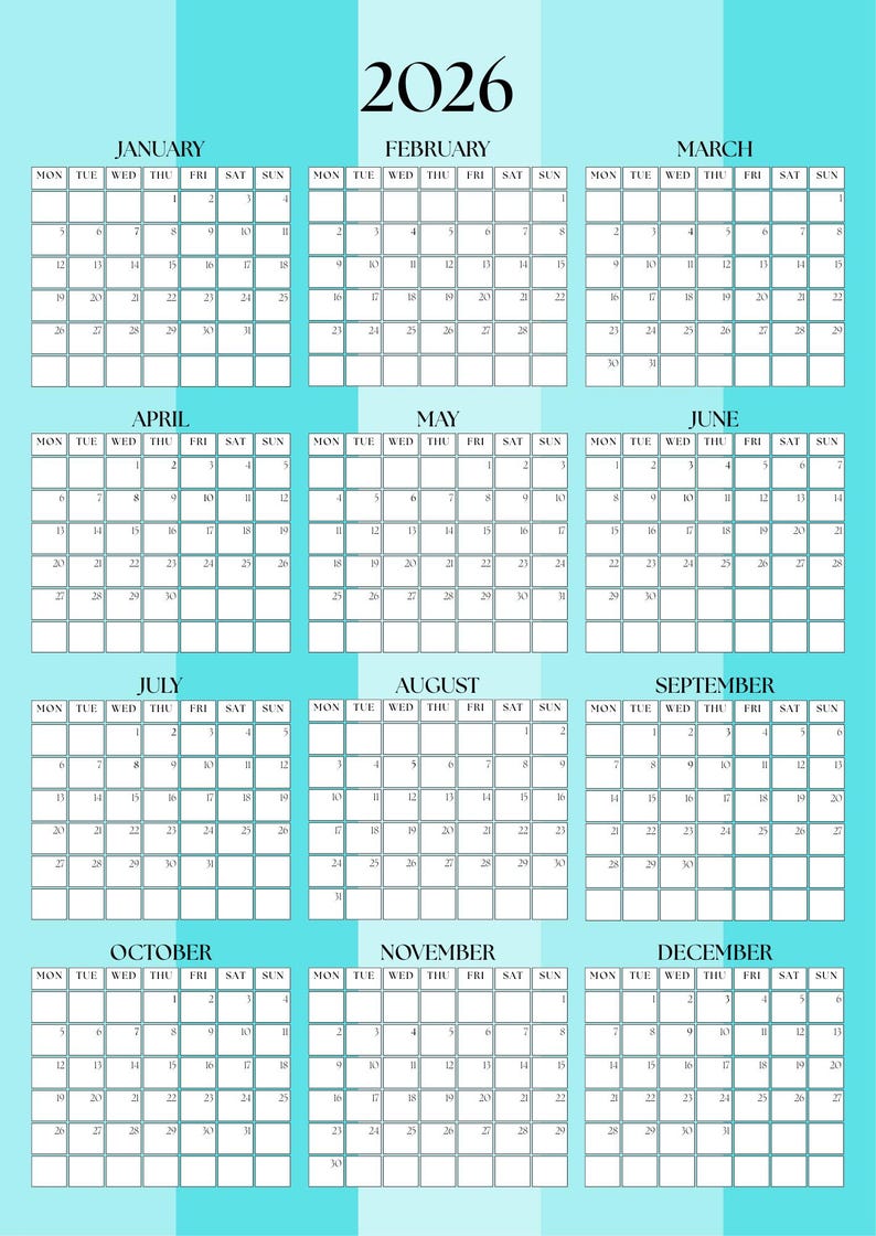 2026 Wall Calendar Printable | Blue Stripe Year Planner (PDF Download ...