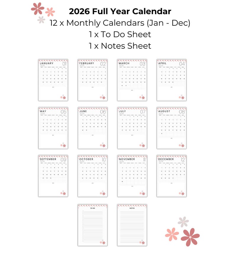 2026 Floral Wall Calendar Printable | 12-month Planner With Notes & To ...