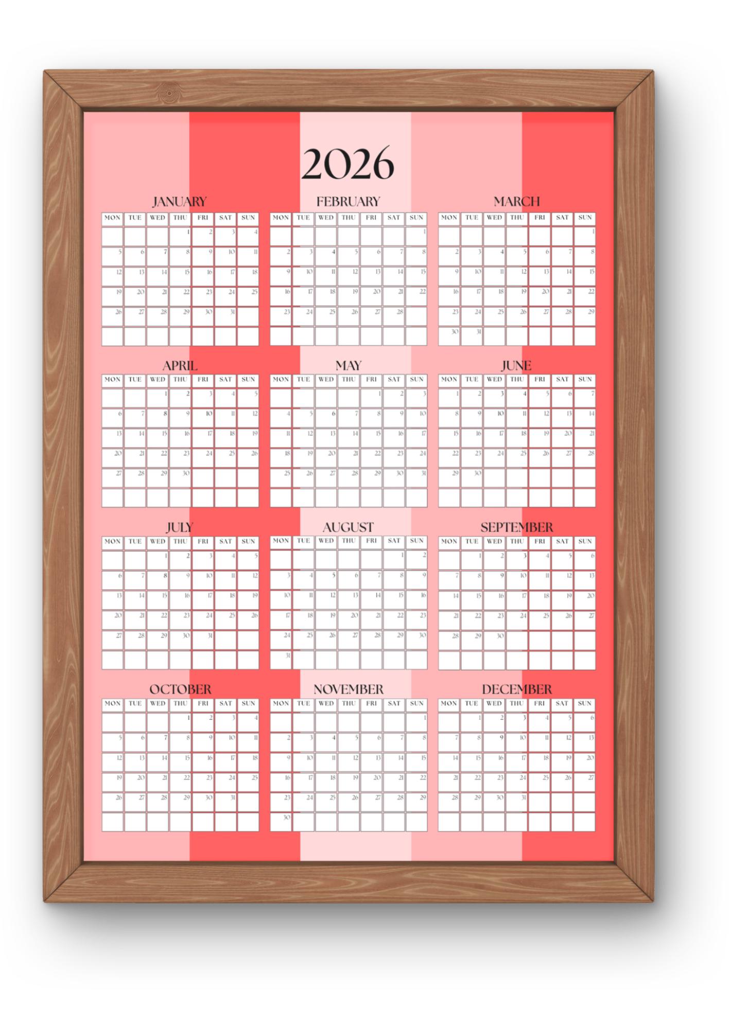 2026 Pink Stripe Wall Calendar | Yearly Planner (PDF Download) - Etsy ...