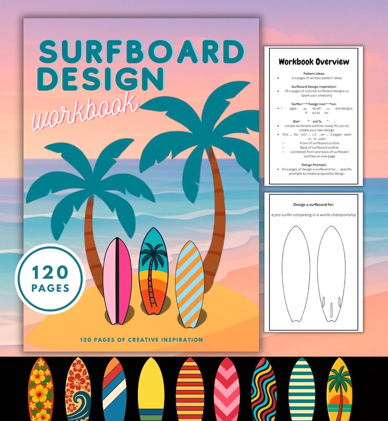 Surfboard Art & Design Workbook | 120 Pages Creative Prompts (printable ...