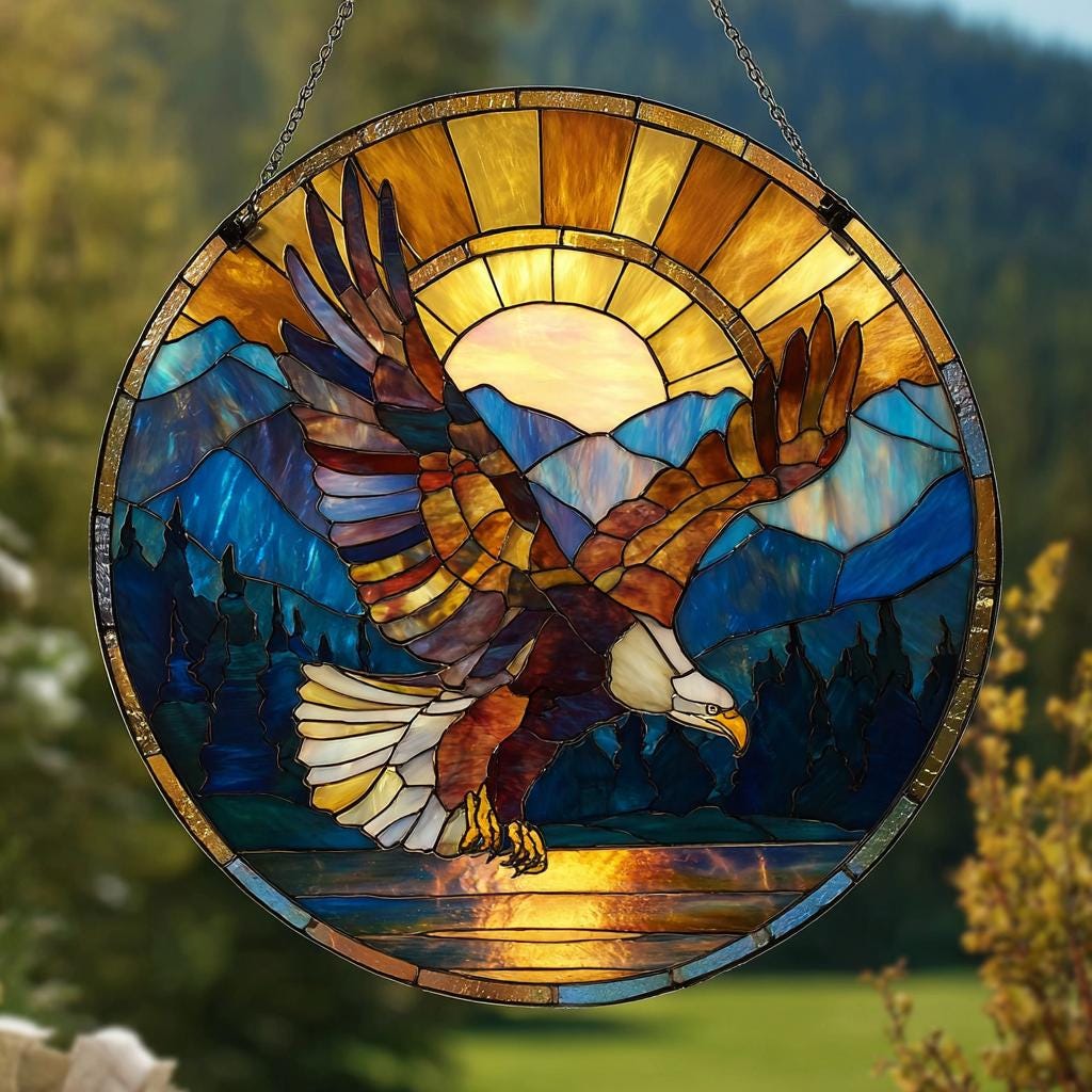 Bald Eagle Stained Glass Style Window Hanging, Majestic Mountain ...