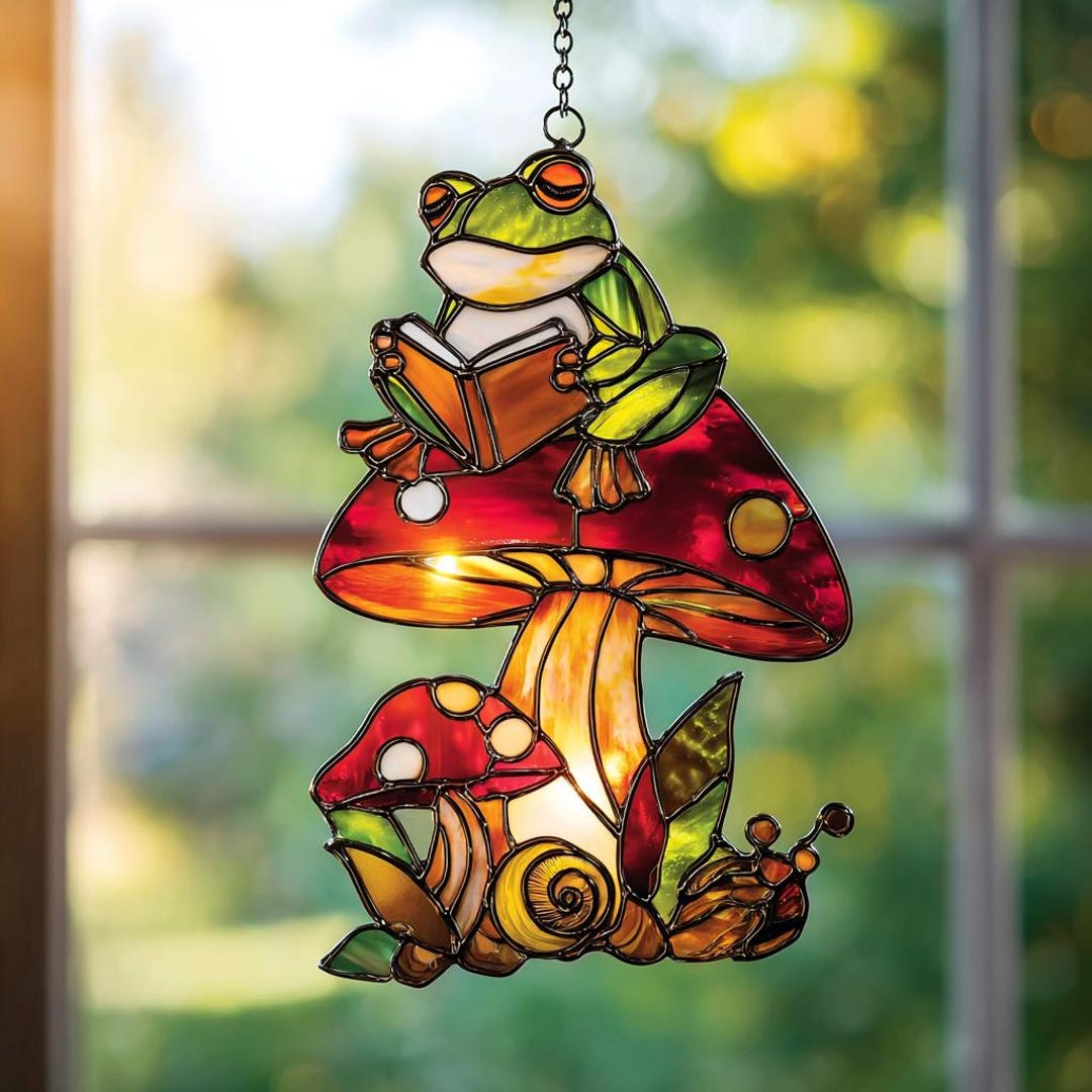 Reading Frog on Mushroom Suncatcher, Cottagecore Book Lover Gift ...